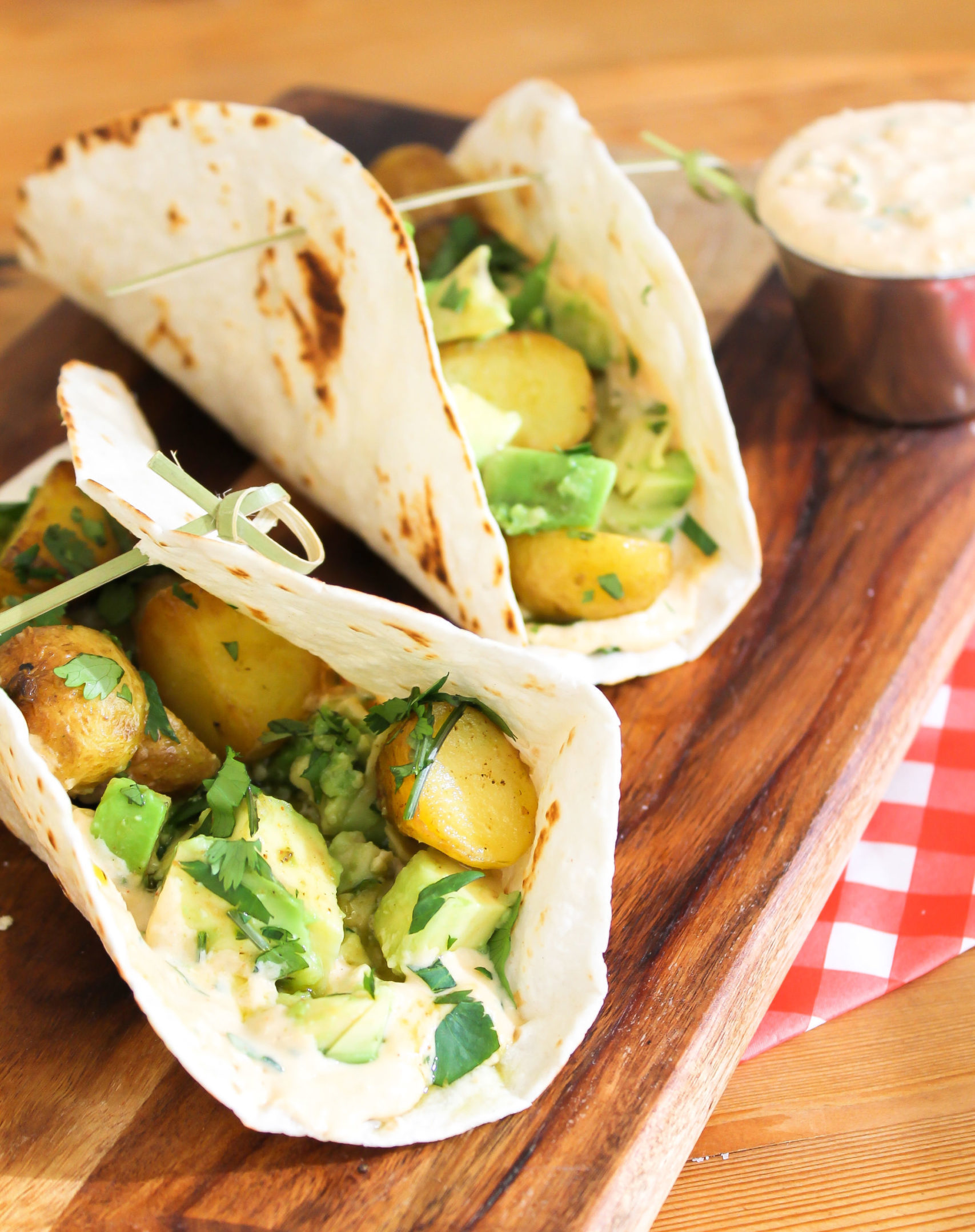 Roasted Herbed Potato Tacos with Spiced Hummus - EarthFresh Recipe